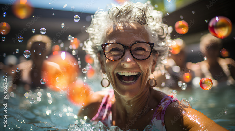 Aktive lebensfrohe Seniorinnen beim Aqua-Fitness im Pool: Freude und ...