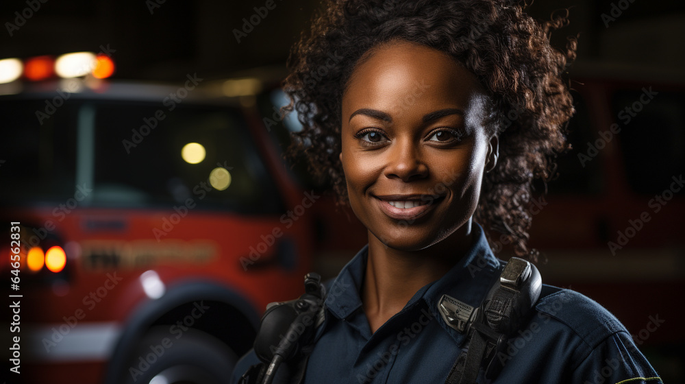 Female African American firefighter at a fire incident - generative AI ...