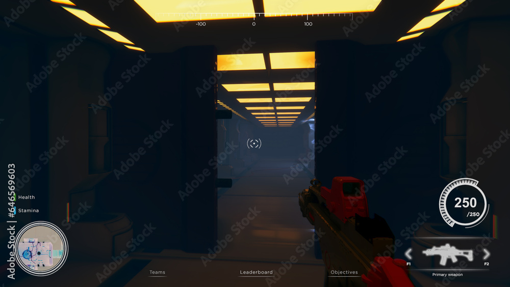 First person shooter videogame in dark atmospheric industrial setting ...