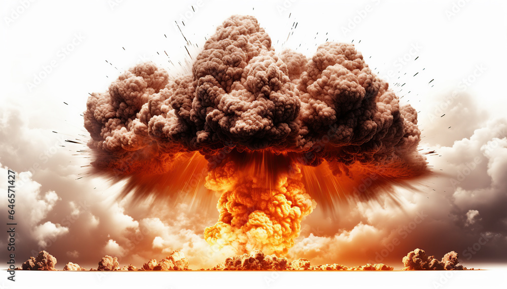 Explosión de bomba atómica aislada sobre fondo blanco. Fuego, llamas y ...