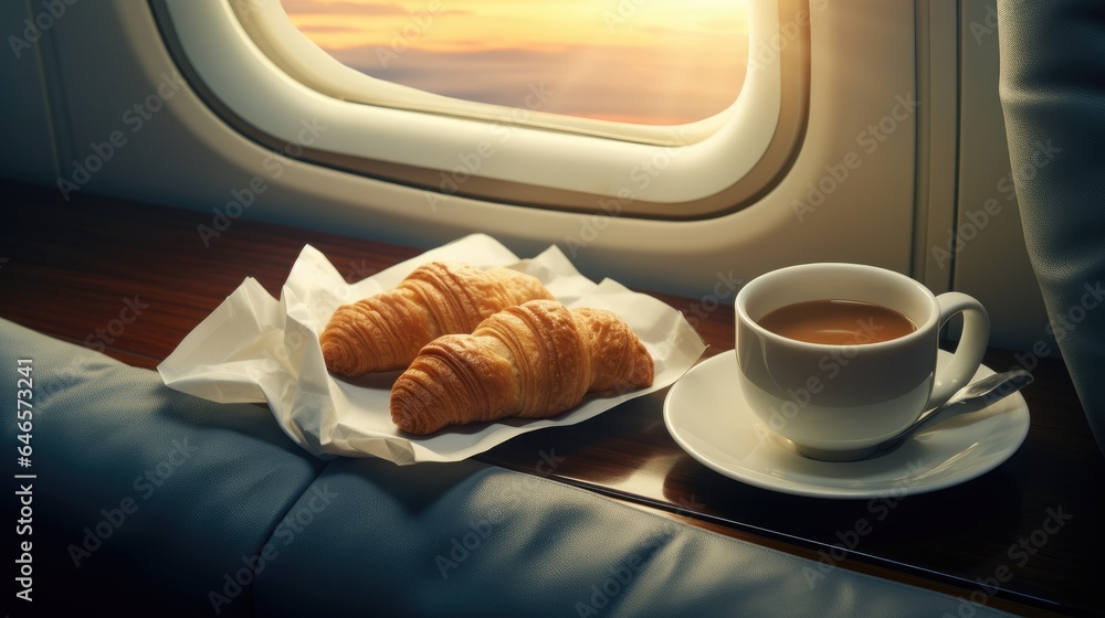 Cup of fresh coffee and croissant, served on a business class seats, in ...