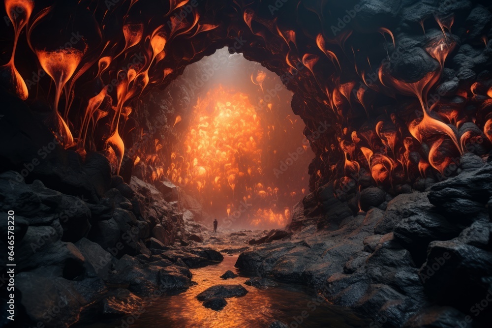 A glowing fire portal leading to a nightmarish abyss filled with ...