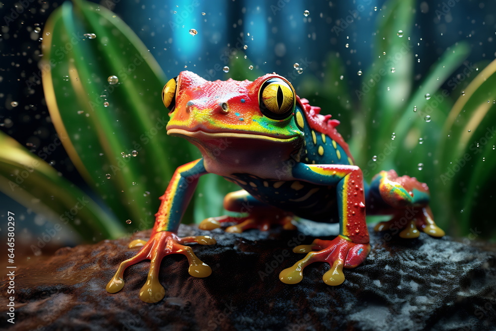 Poison vivid color frog. Poisonous animal of tropical rainforest. Pet ...