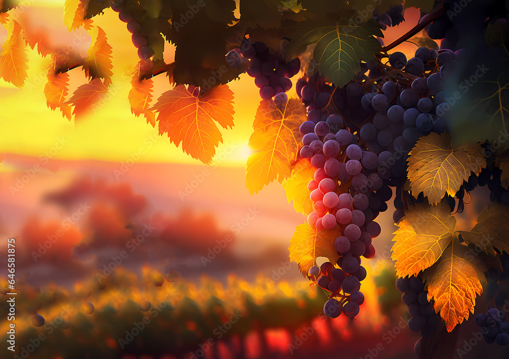 Grape plantations. Harvesting. Grapes hang beautifully on an orange ...