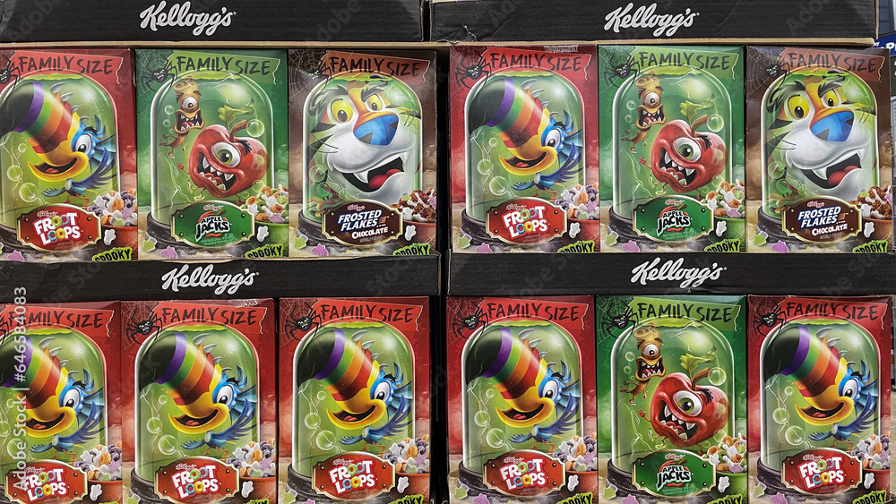 Kellogg's Spooky cereal display including Frosted Flakes, Apple Jacks ...
