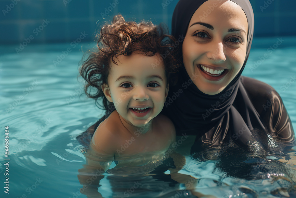 Arabian mother and her baby are swimming in a pool, smiling, lifestyle ...