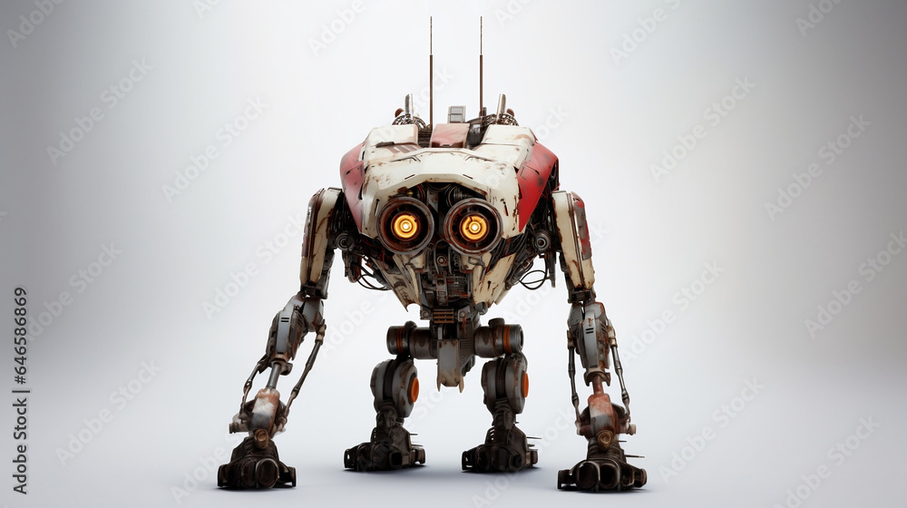An isolated hydraulic dystopian rusty humanoid robot with long arms on ...