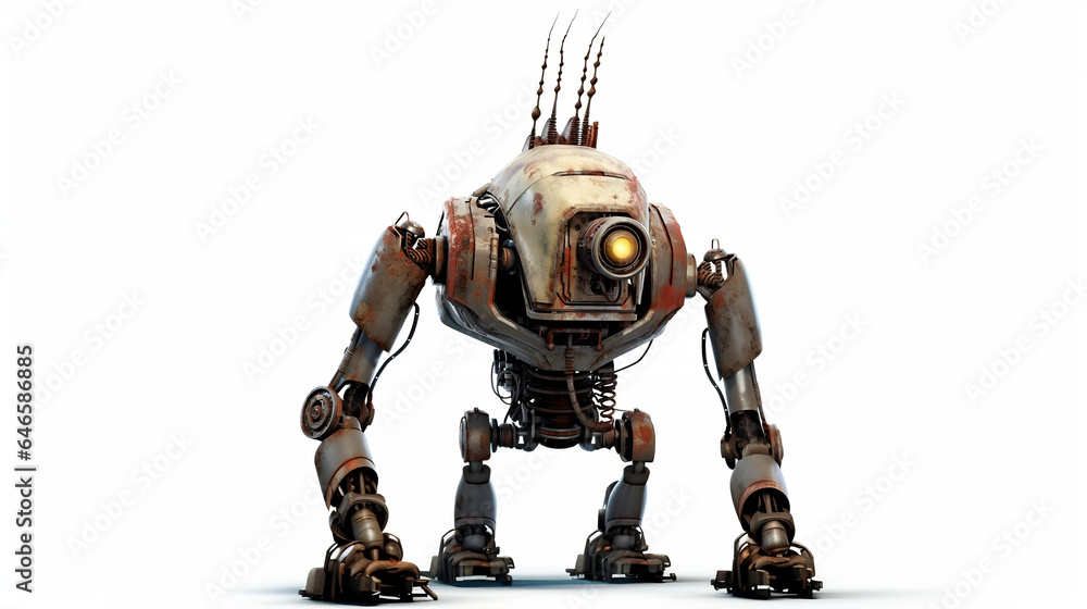 An isolated hydraulic dystopian rusty humanoid robot with one eye and ...