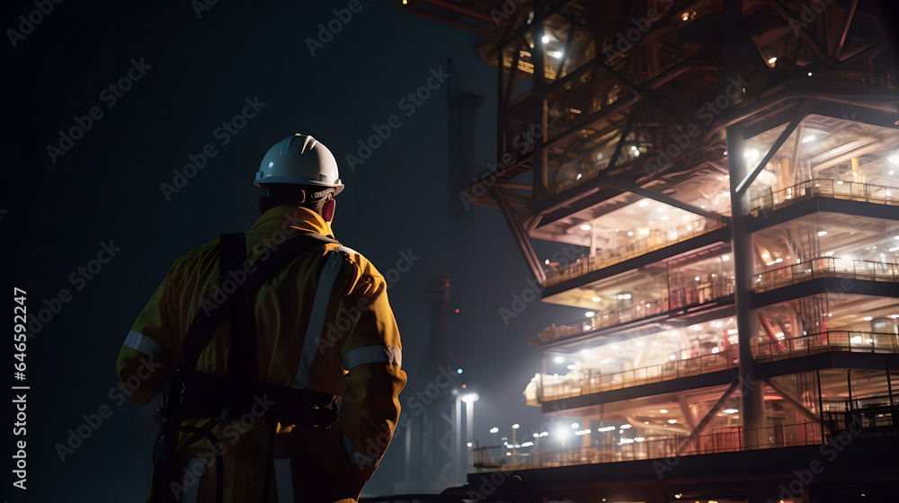 Back view of oil drill platform project manager working at project ...