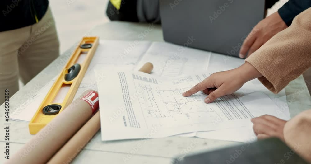 Hands, blueprint and people in architecture meeting for teamwork, planning design or ...