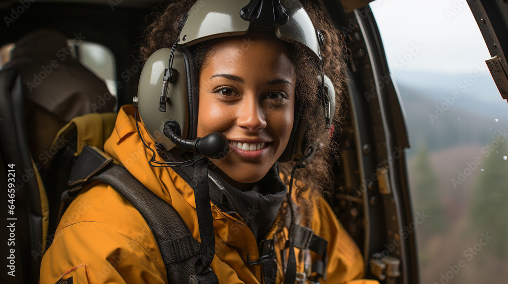 Female African American search and rescue helicopter pilot flying in the cockpit - generative AI ...