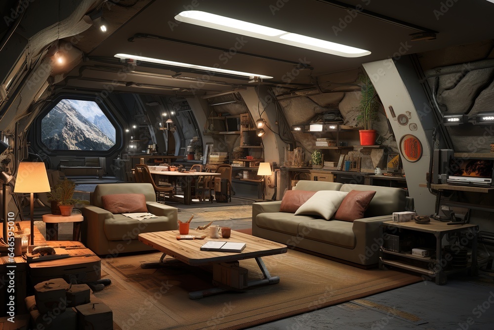 Sci-Fi Bunker Living Room with high-tech gadgets, underground ...