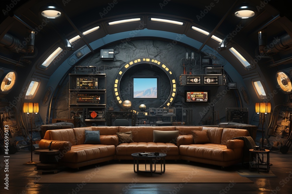 Poster Sci-Fi Bunker Living Room with high-tech gadgets, underground ...