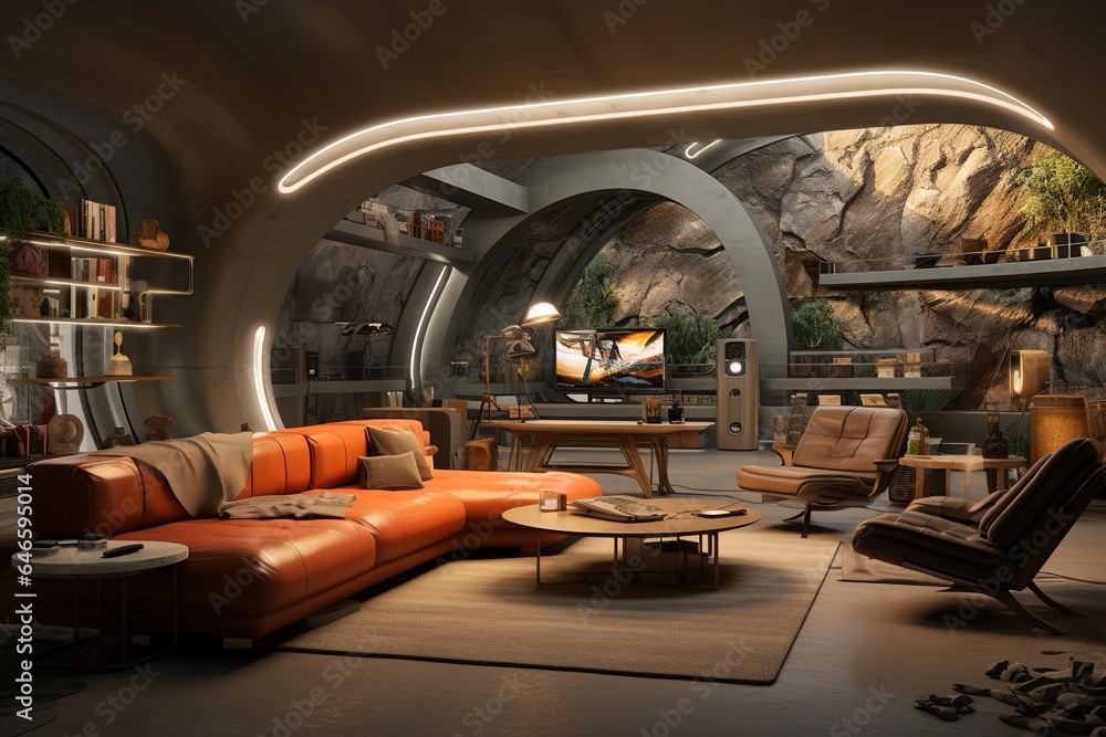 Sci-Fi Bunker Living Room with high-tech gadgets, underground aesthetics, and a post-apocalyptic ...