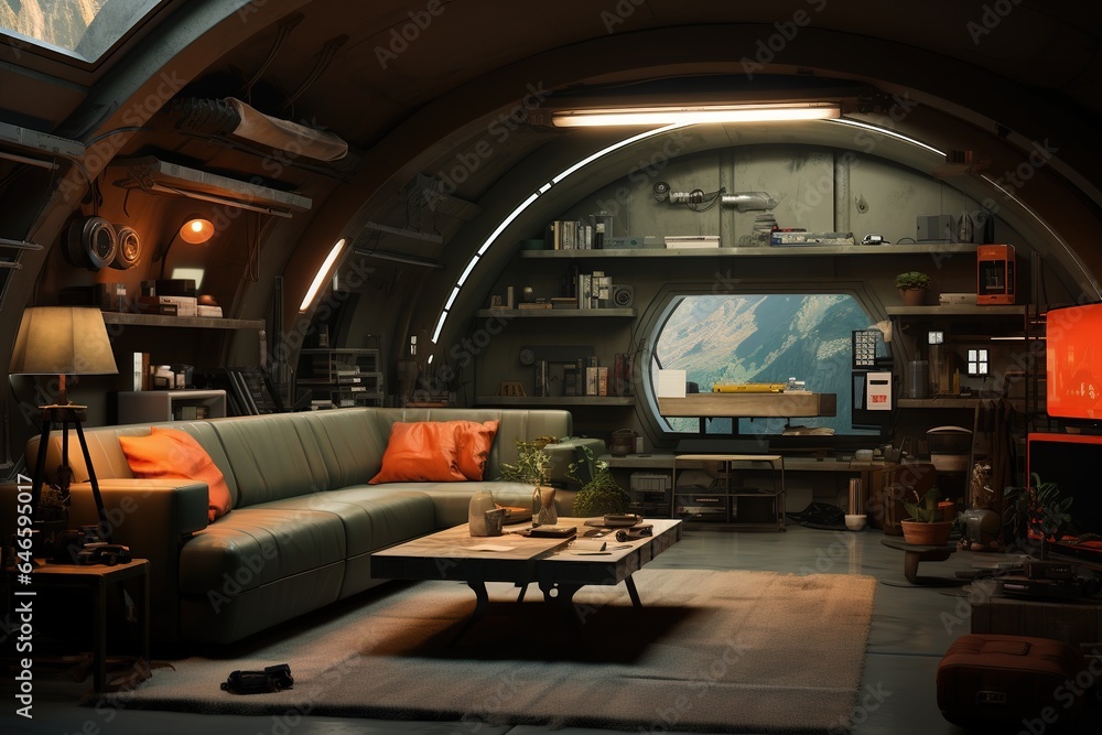 Sci-Fi Bunker Living Room with high-tech gadgets, underground ... Sci-Fi Bunker Living Room with high-tech gadgets, underground ...