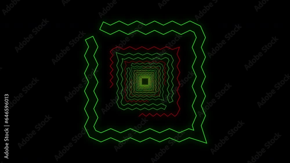 Neon blinking flowing square shapes transition on black background with ...