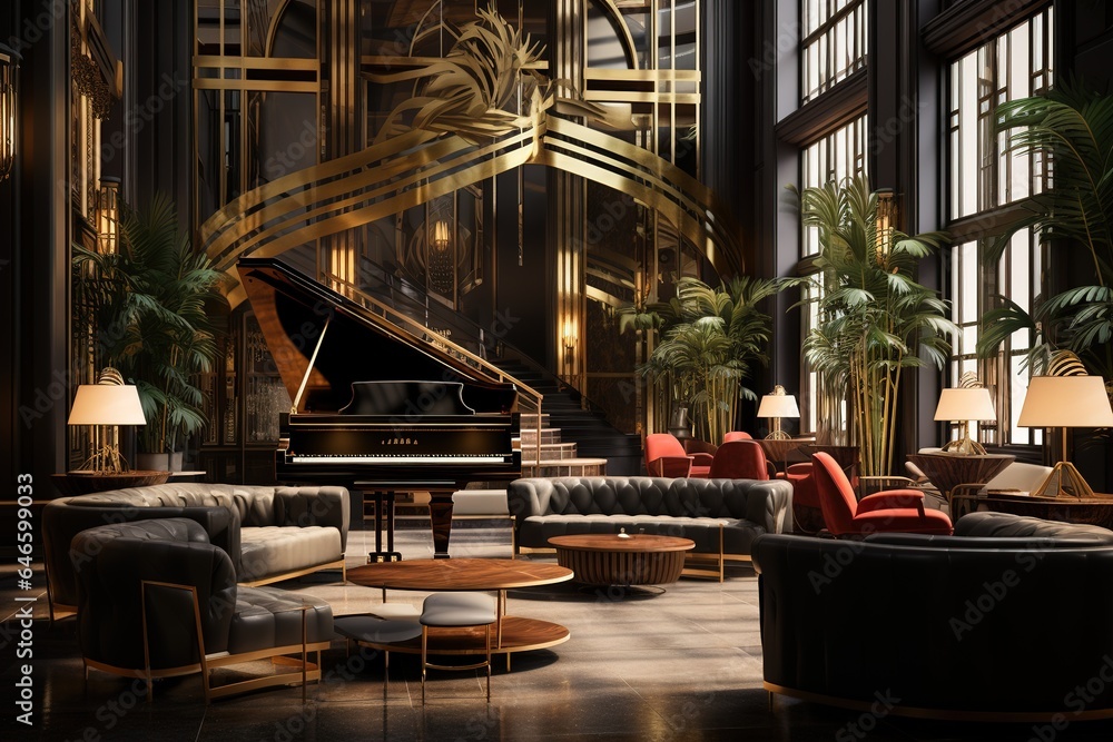 Art Deco Jazz Club with a grand piano, velvet banquettes, brass details ...