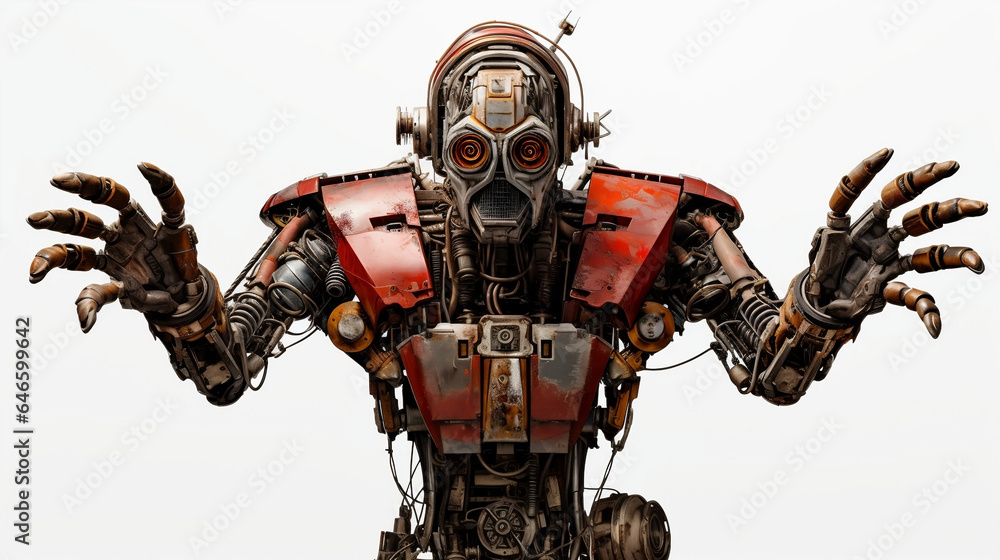 An isolated hydraulic dystopian red humanoid robot in an aggressive ...