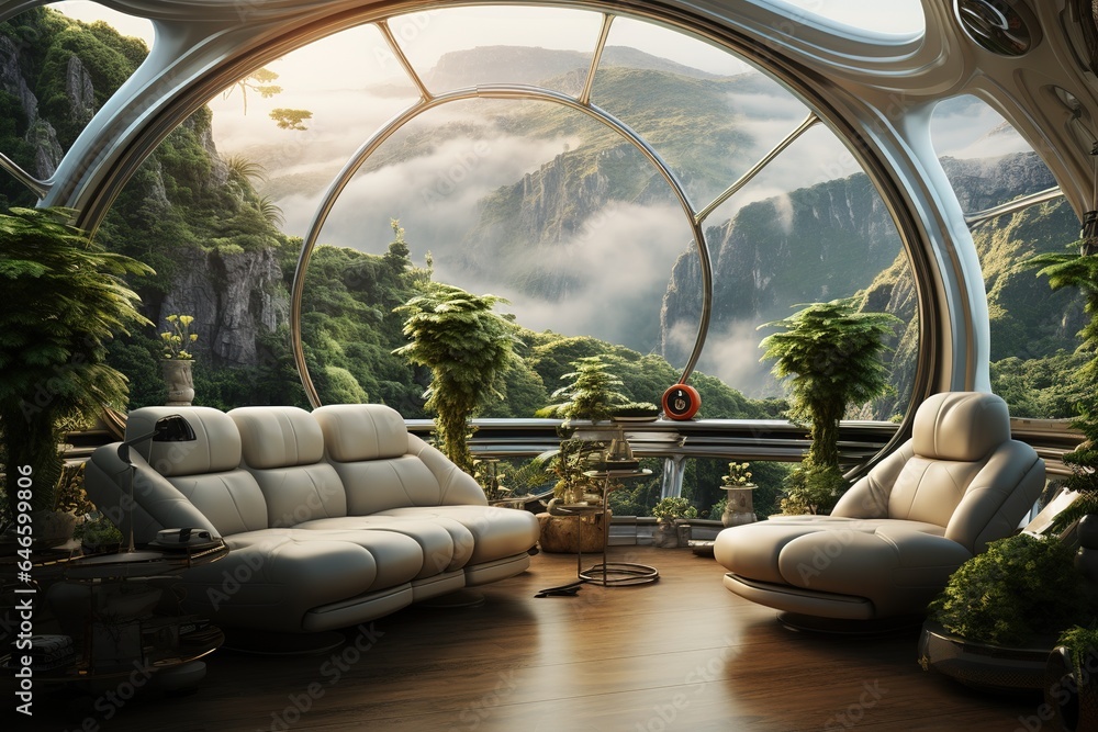 Futuristic Bio-Dome Living Room with a lush indoor ecosystem ...