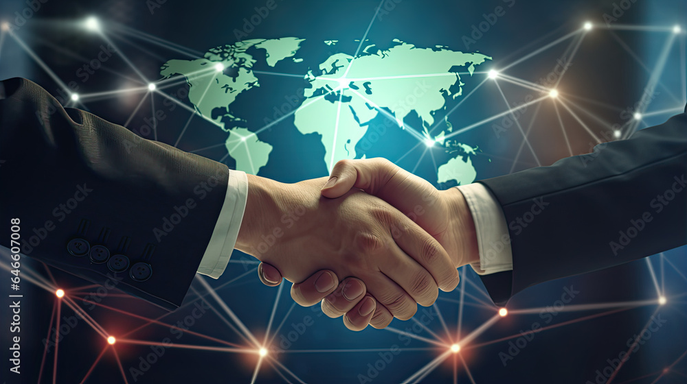 Businessmen handshake global stock market graph bar chart globe network ...