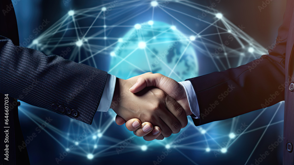 Businessmen handshake global stock market graph bar chart globe network ...