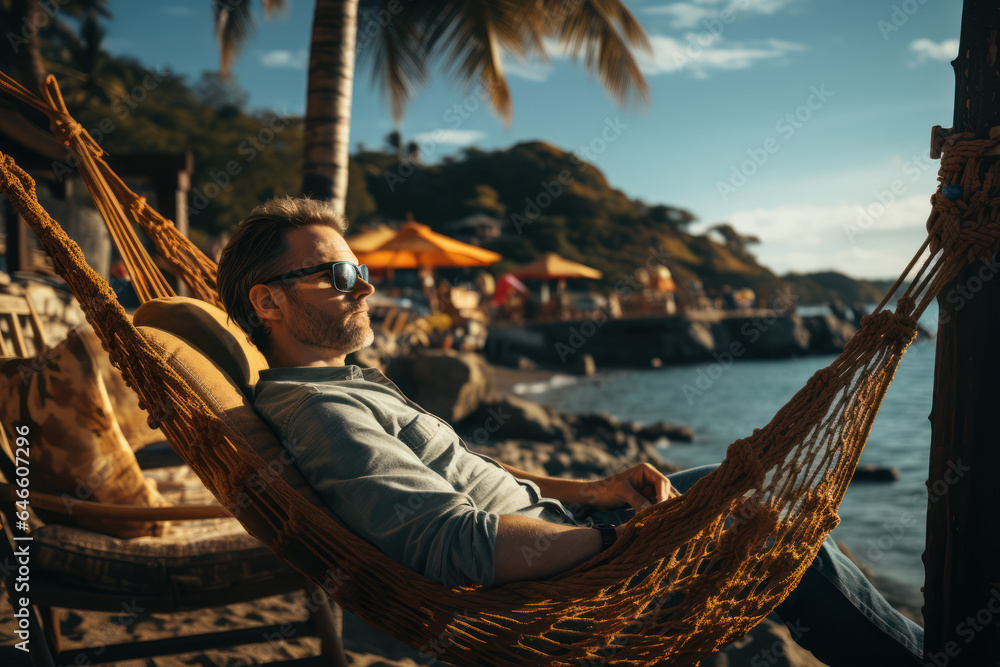 Relaxation by the Beach. Individual lounging on a hammock by the ocean ...