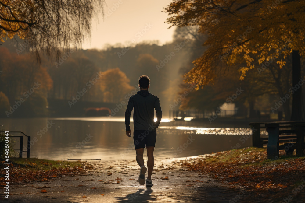 An athlete goes for a jog through a scenic park, illustrating the ...
