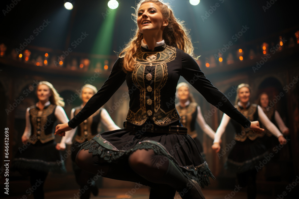 Irish step dancers gracefully performing on stage in traditional Irish ...