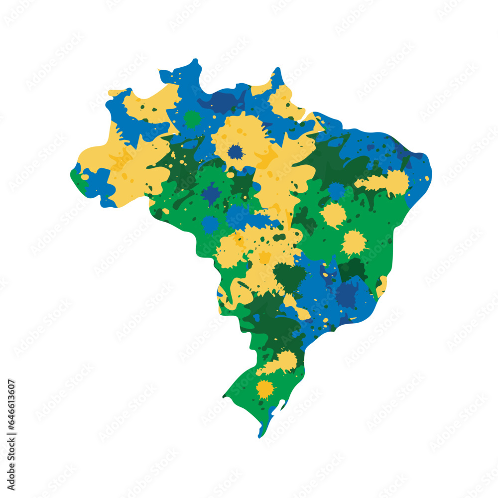 Map of Brazil stylized and printed with paint stains in green, yellow ...