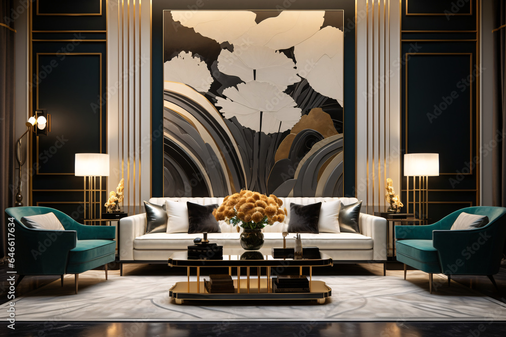 Art deco style interior design of modern living room with acapulco ...