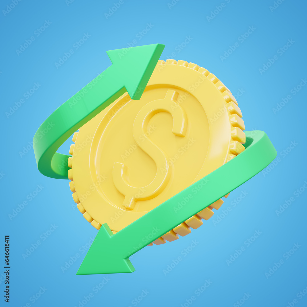 3D Cashback and refund icon. Arrow with gold coin floating isolated on ...