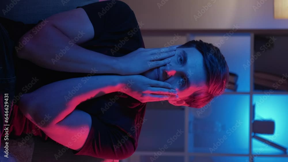 Vertical video. Unbelievable situation. Shocked man. Confused guy ...