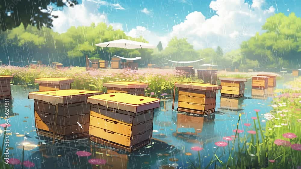 the buzzing bee farm, honeycombs, rainy day, water puddle, anime ...