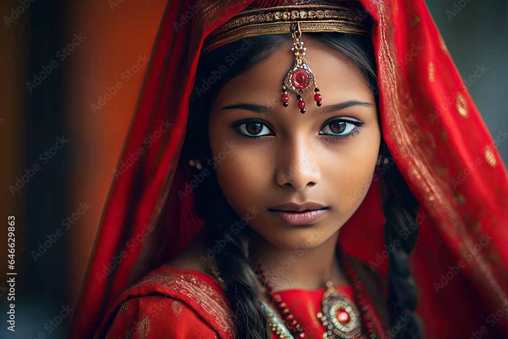 Beautiful Indian Girl Hindu Female Model In Sari And Kundan Accessories