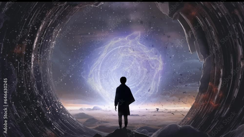 Boy looking through a Technological Portal at an Alien Planet with ...