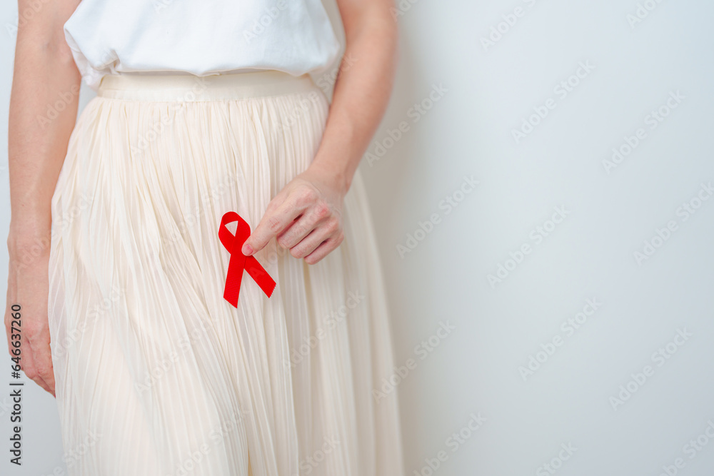 woman with Red Ribbon for December World Aids Day, acquired immune ...