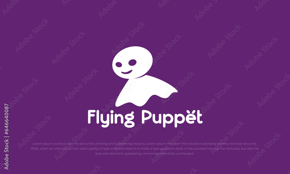 cute flying ghost puppet logo pictogram style, white color in purple ...