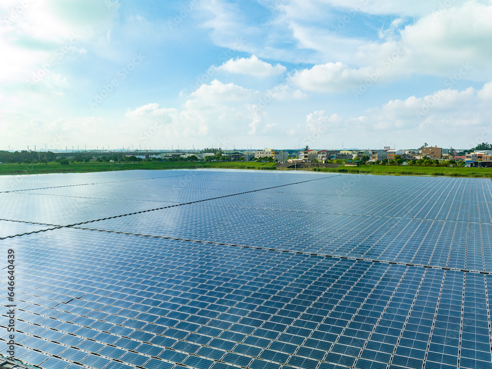 Solar panels floating in a lake seen from a drone perspective,View of ...