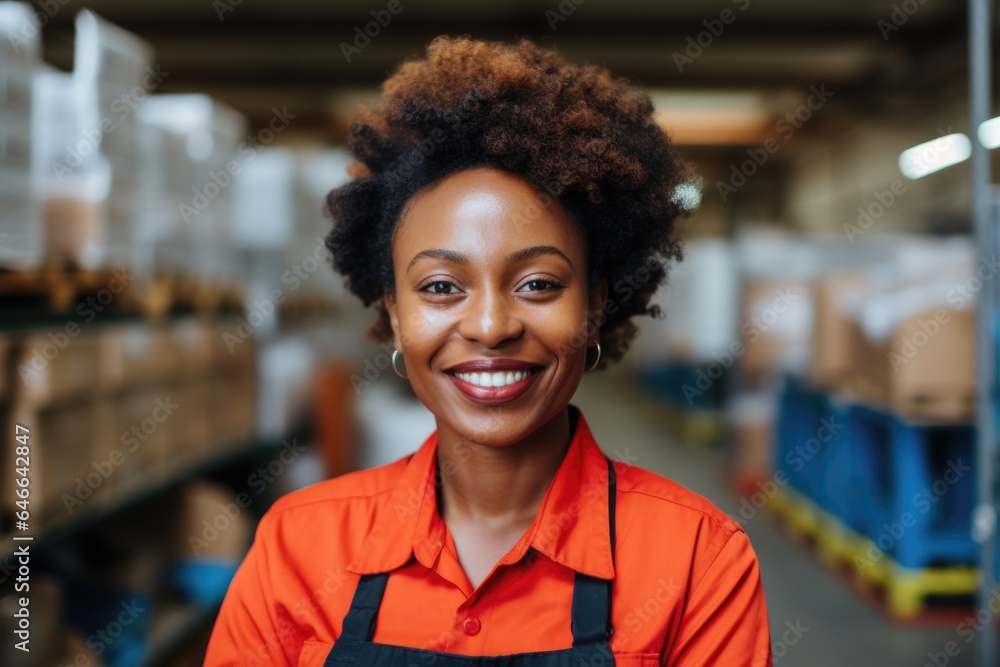 Smiling portrait of a happy female african american factory worker ...