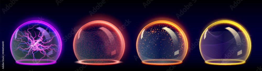 Neon sphere protect shield with various textures and glow. Realistic 3d ...