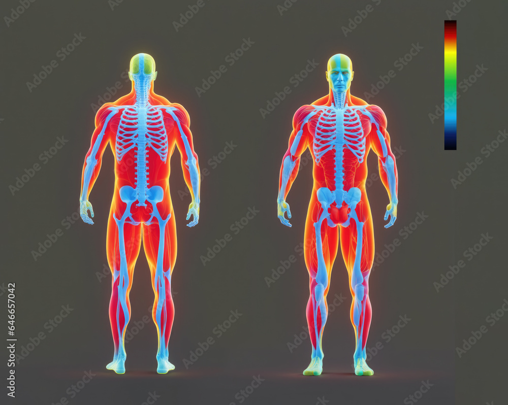graphic infrared human body heat, young adult standing back and frontal ...