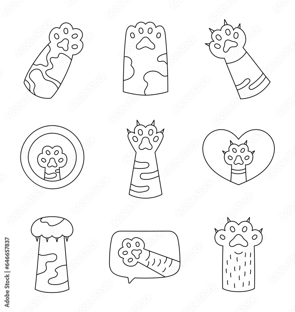 Cartoon cat paw. Coloring Page. Cute kitten footprint. Vector drawing ...