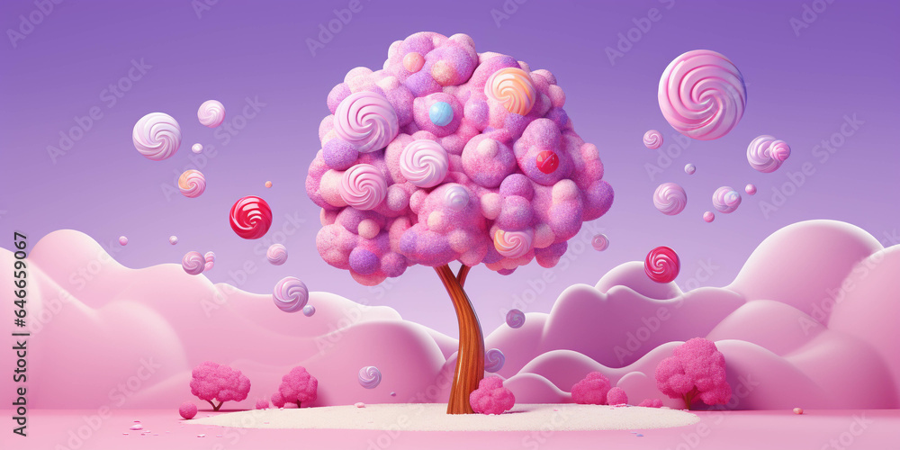 A whimsical tree made out of candy. Candy tree concept. 3d model. Pink ...