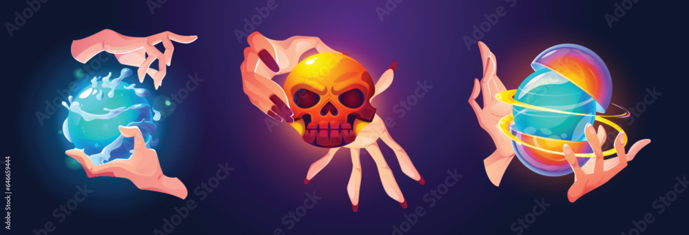 Hand holding magic crystal ball fortune teller. Skull, water sphere and ...