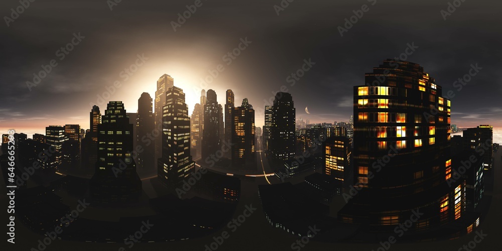 Night city, Cityscape, Environment map. HDRI map. Equirectangular ...