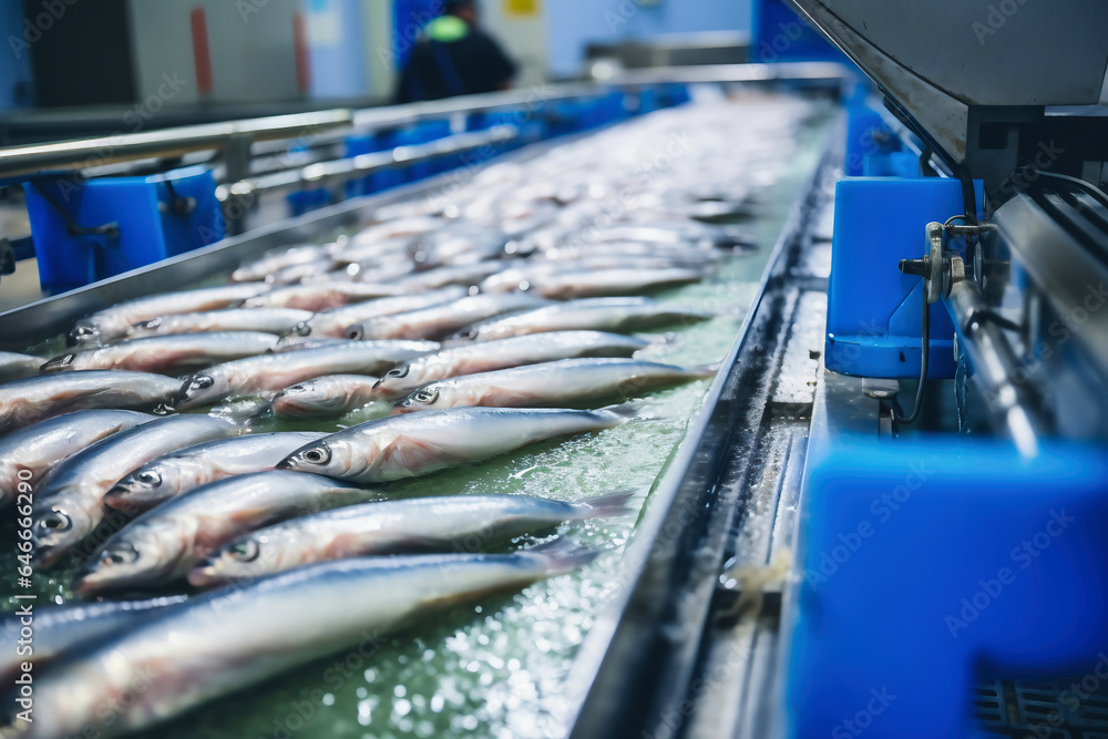 Fish processing plant. Production Line. Raw sea fish on a factory ...