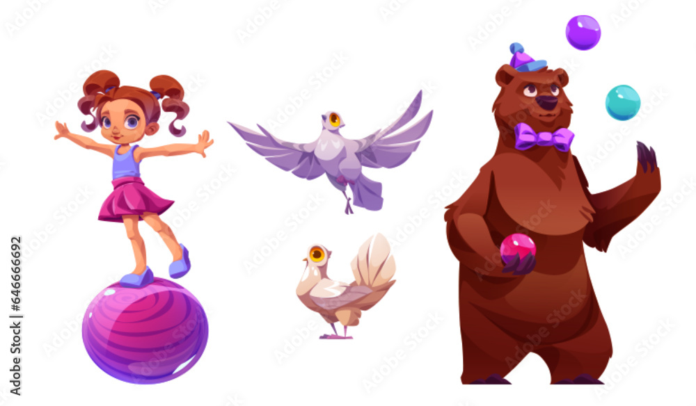 Carnival bear juggler circus character illustration with girl acrobat ...