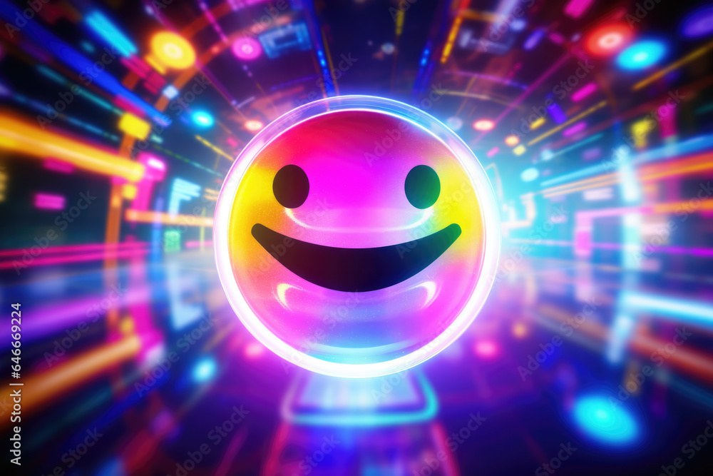 Glowing smiley face in front of vibrant and lively background. This ...