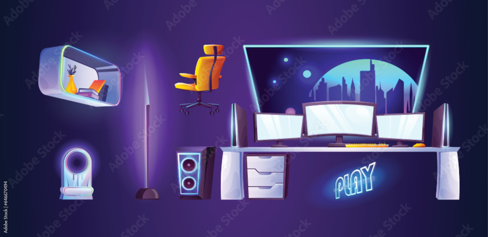 Gamer room design elements set isolated on background. Vector cartoon illustration of programmer ...