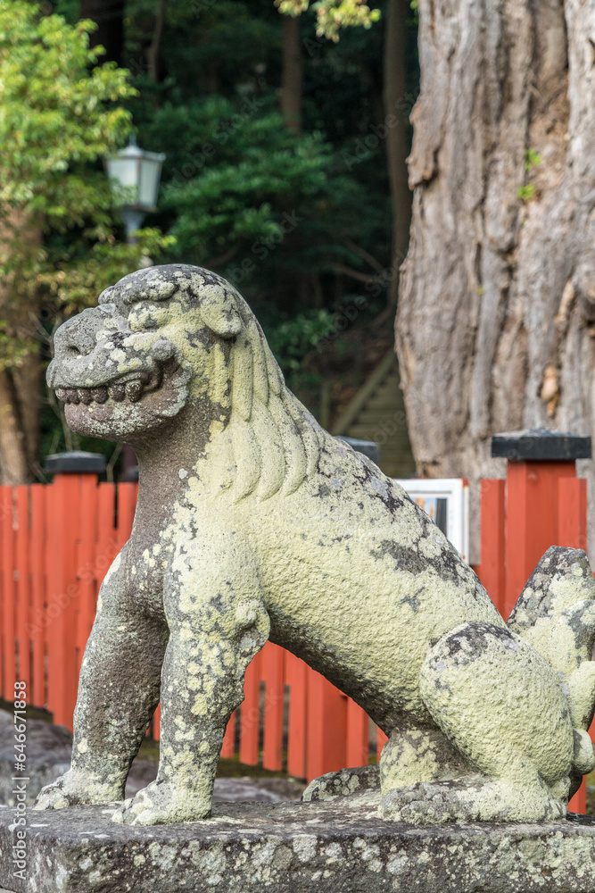 Stone carved a-gyo (Mouth closed) Komainu Lion-dog guardian dated year ...